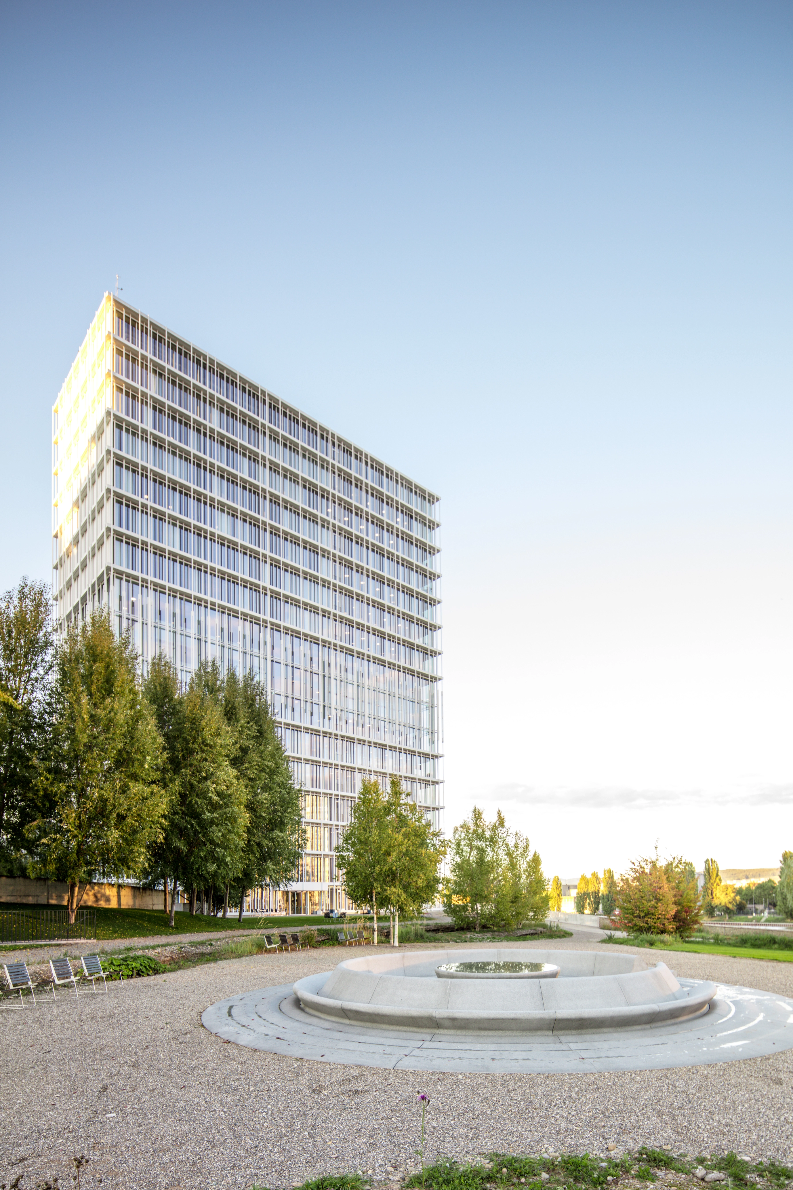 View to Asklepios building, oscillation bench in the front | Novartis